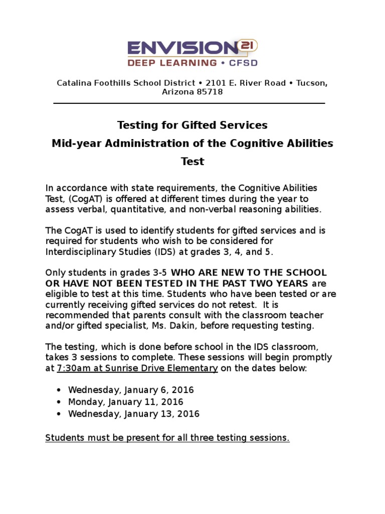 CogAT Testing for Gifted Services 2023 | PDF