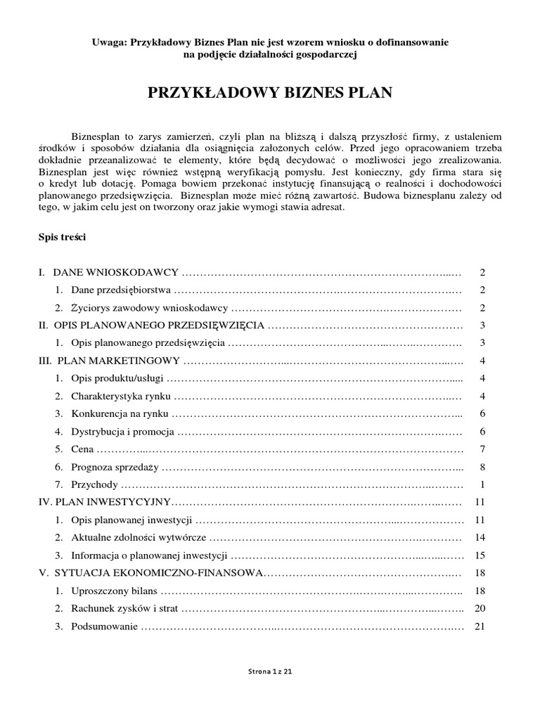 Przykładowy Biznes Plan 2013 | PDF