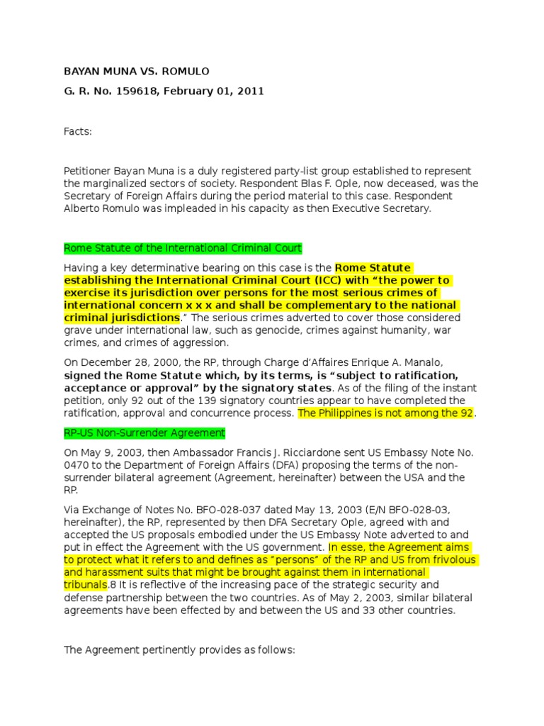 BAYAN MUNA Vs Romulo Digest | PDF | Treaty | International Criminal Court