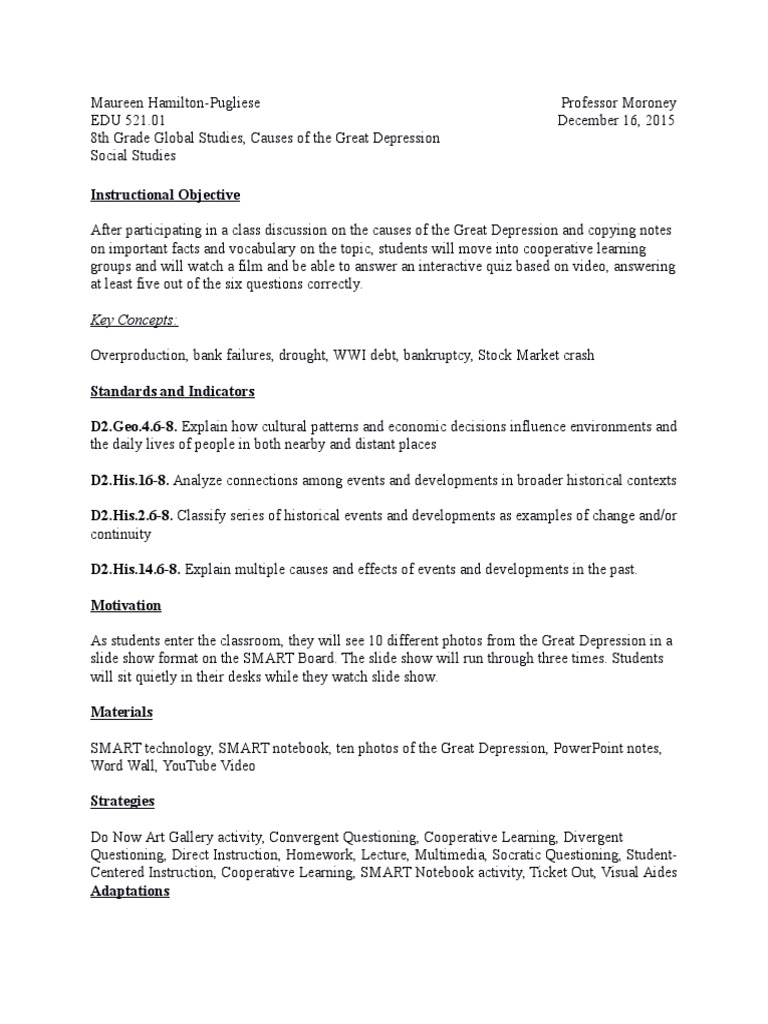 Lesson Plan Great Depression Moroney | PDF | Cognition | Communication