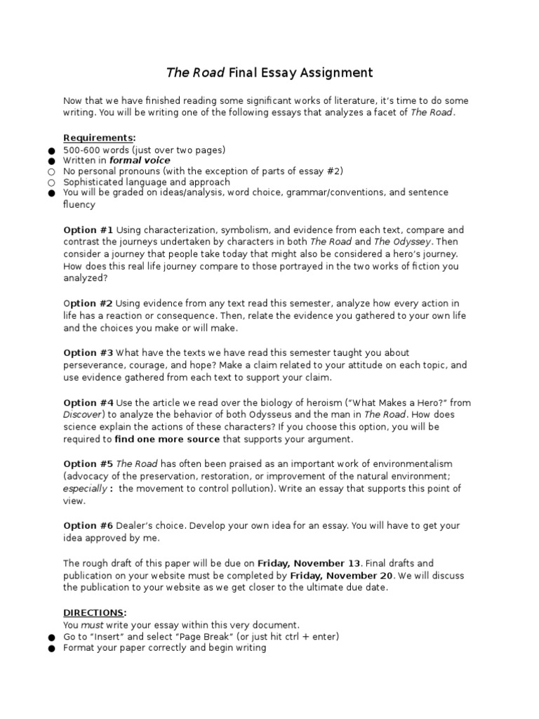 The Road Final Essay Assignment | PDF | Odyssey | Essays
