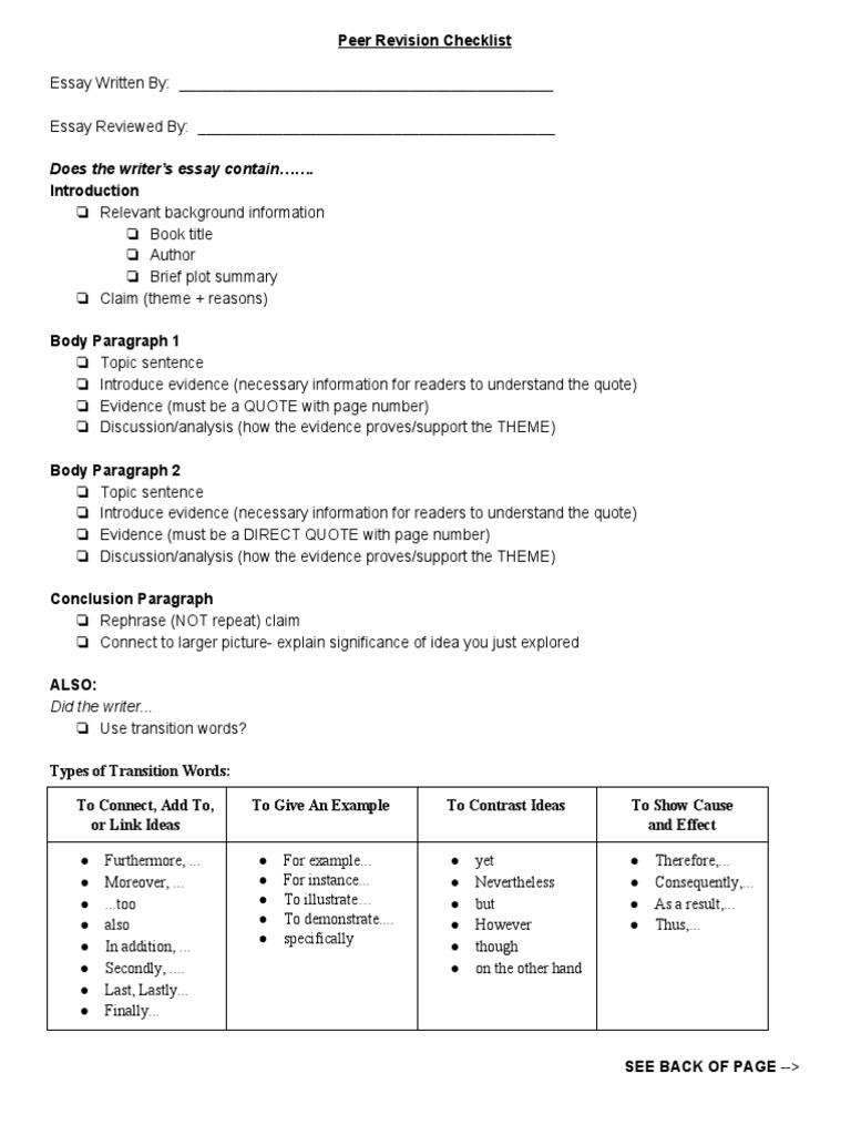 Does The Writer's Essay Contain .: Peer Revision Checklist | PDF