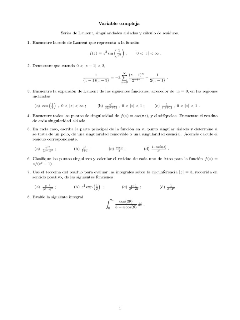 Análisis complejo: Series de Laurent, singularidades y cálculo de residuos | PDF | Integral ...