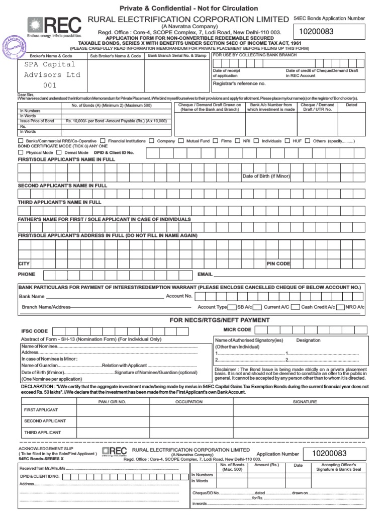REC Capital Gain Bond-10200083 | Cheque | Bonds (Finance)