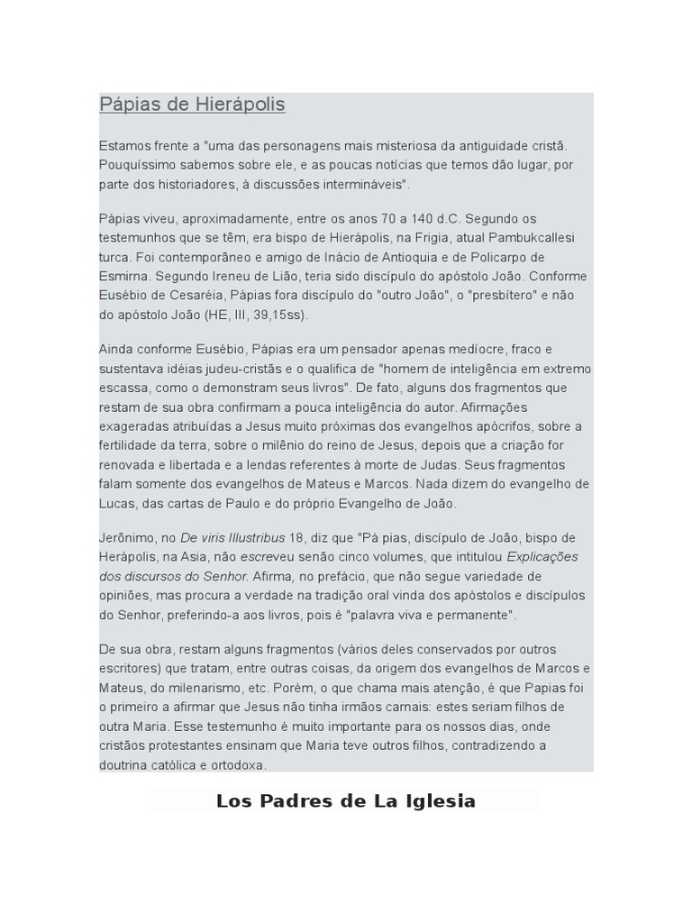 Los Padres de La Iglesia Pápias de Hierápolis | PDF | Orígenes | Irineu