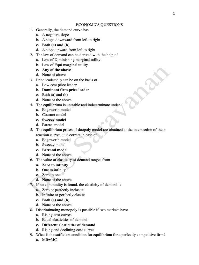 Economics MCQs Questions (NET) | PDF | Demand | Perfect Competition
