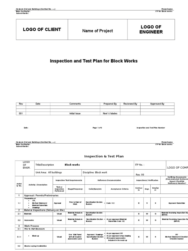 Inspection Test plan | Specification (Technical Standard) | Building ...