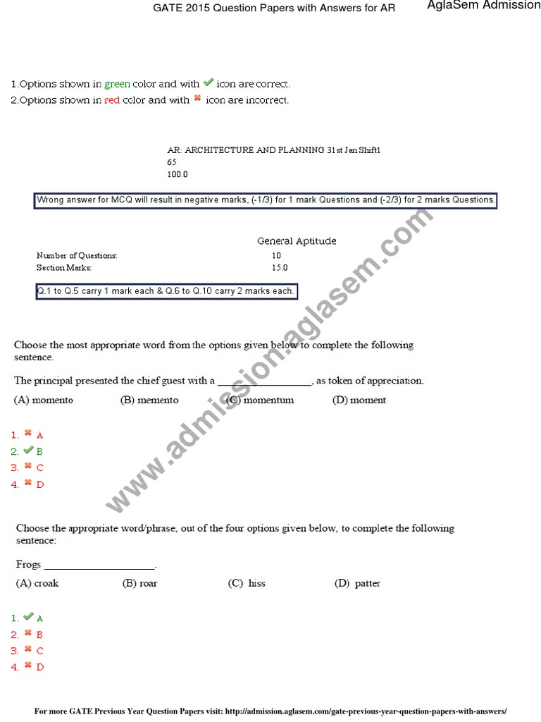 GATE 2015 Question Papers With Answers For AR - Architecture and ...