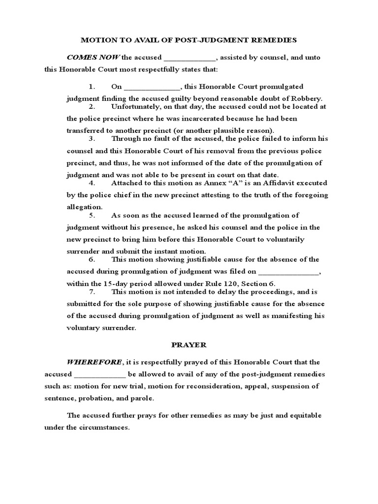 Post-Judgment Remedies Motion | PDF