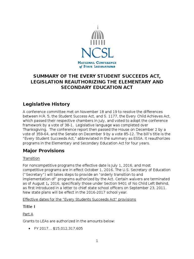 Summary of The Every Student Succeeds Act, Legislation Reauthorizing ...