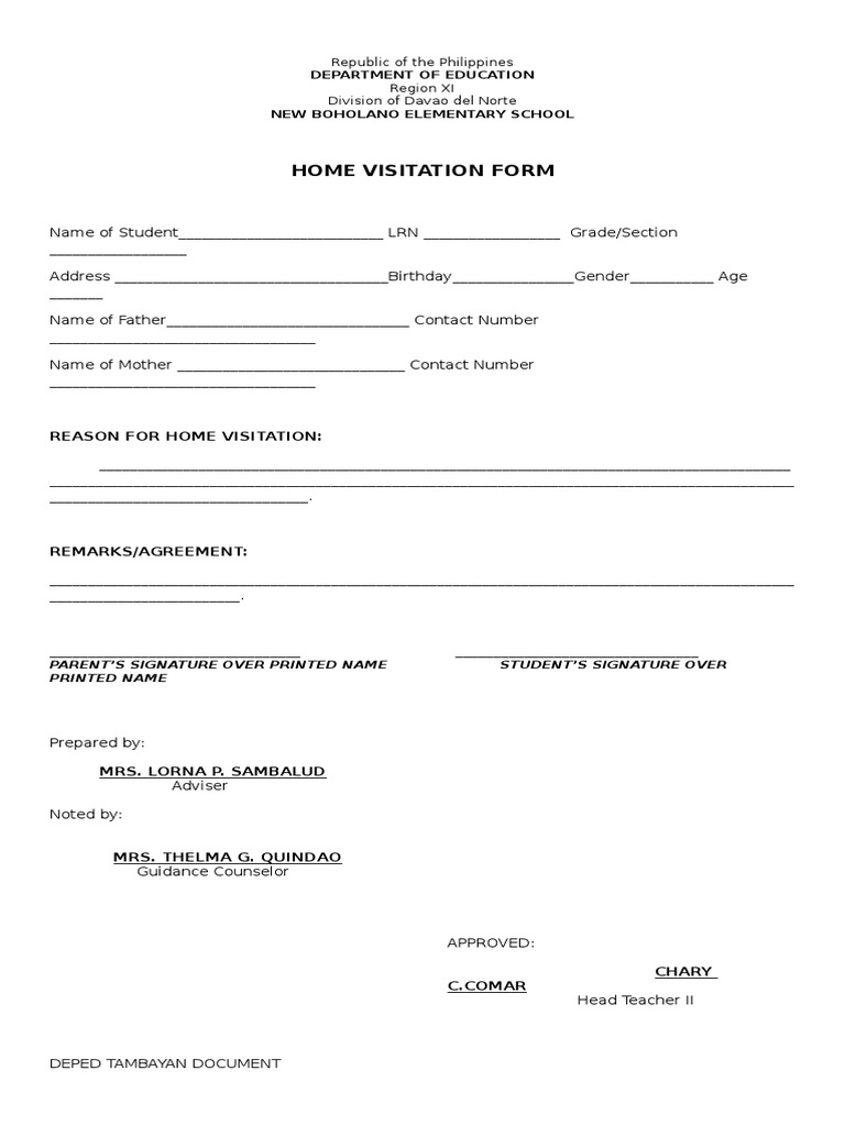 Home Visitation Form | PDF | Behavior Modification | Learning