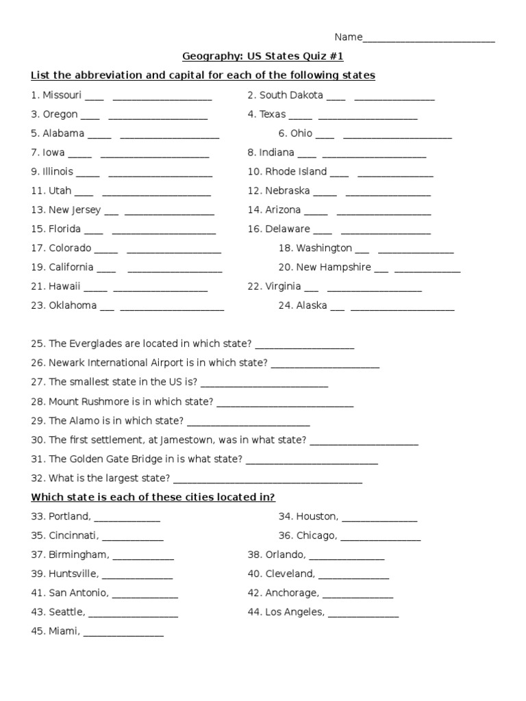 US States Quiz: Capitals and Abbreviations | PDF | Sports & Recreation