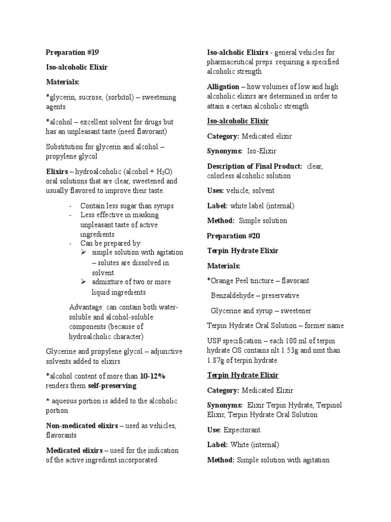 Elixir Preparation and Uses in Pharmacy | PDF | Glycerol | Distilled ...
