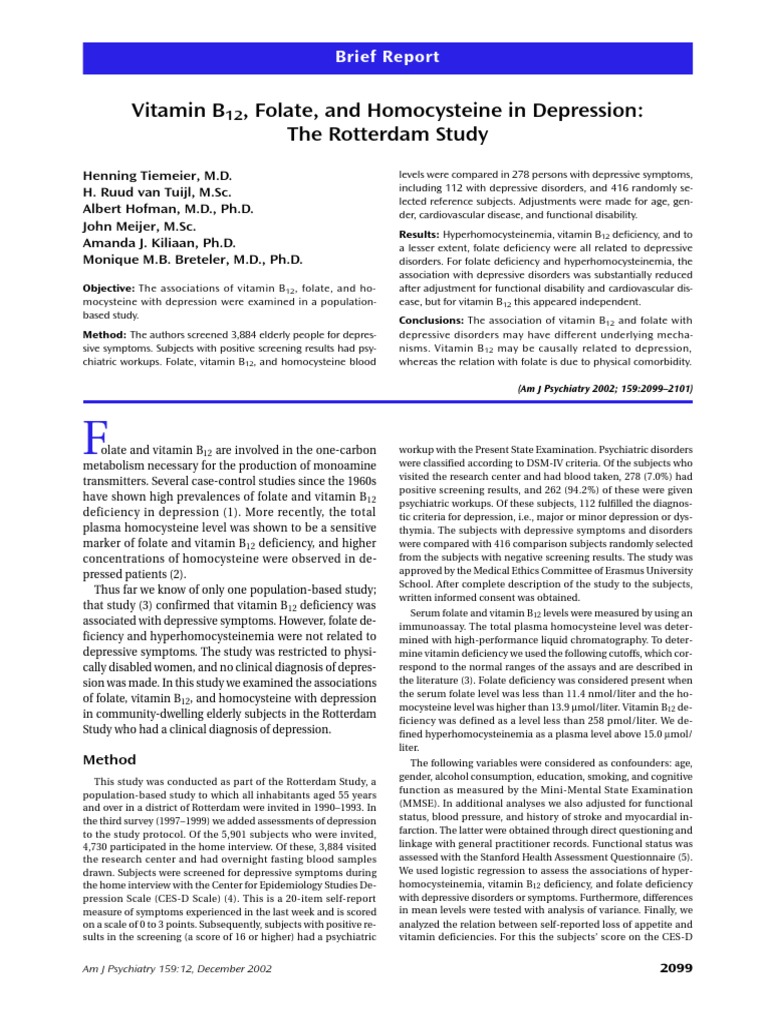 Vitamin B, Folate, and Homocysteine in Depression: The Rotterdam Study ...