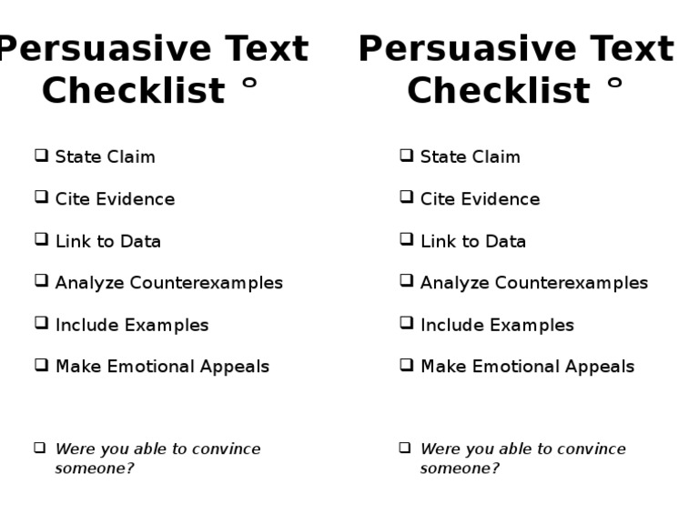 Persuasive Writing Checklist Guide | PDF | Philosophy | Self-Improvement