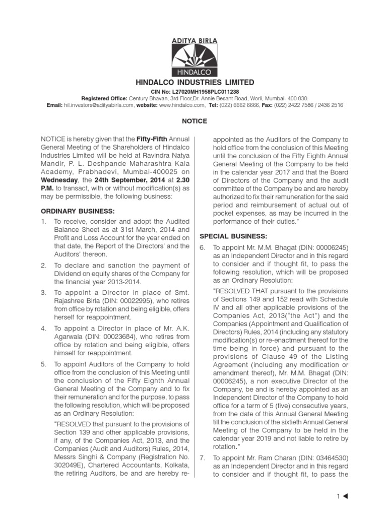 Hindalco 2014 | PDF | Board Of Directors | Proxy Voting