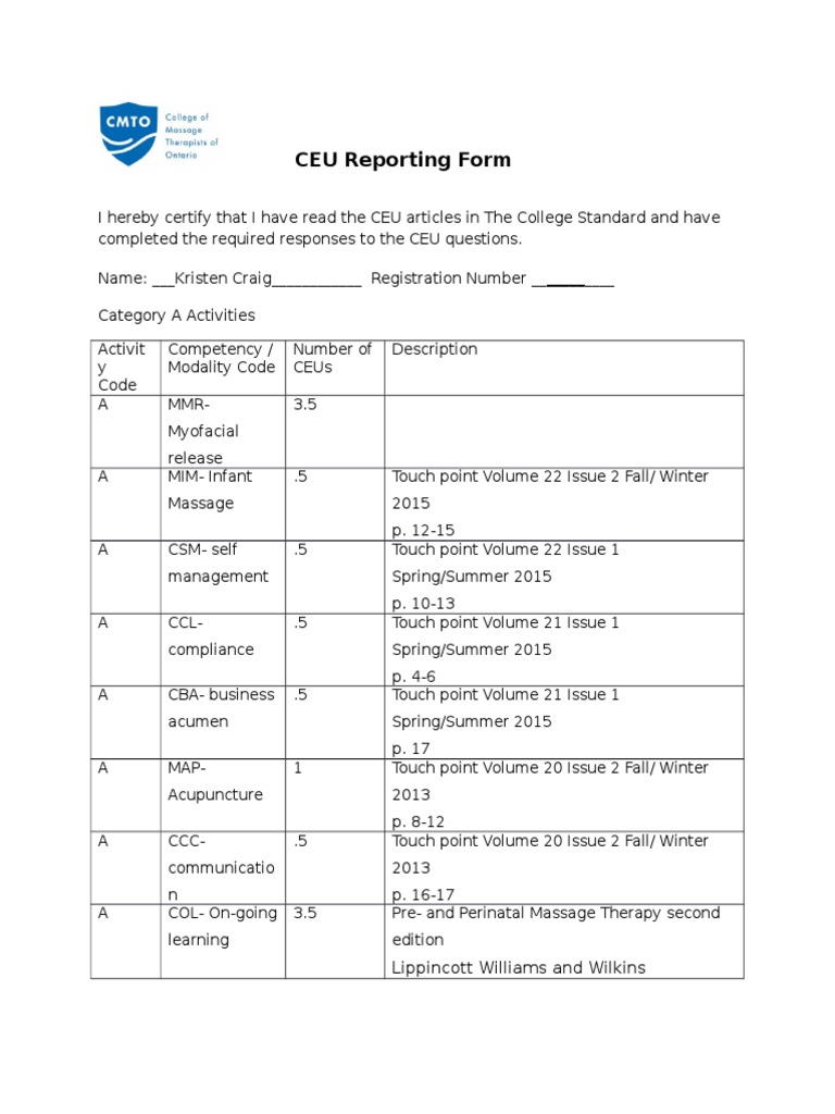 CEU Reporting Form for Massage Therapy | PDF | Business | Finance ...