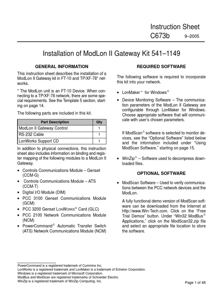 ModLon II Gateway Kit Installation Guide | PDF | Computer Network | Electrical Connector