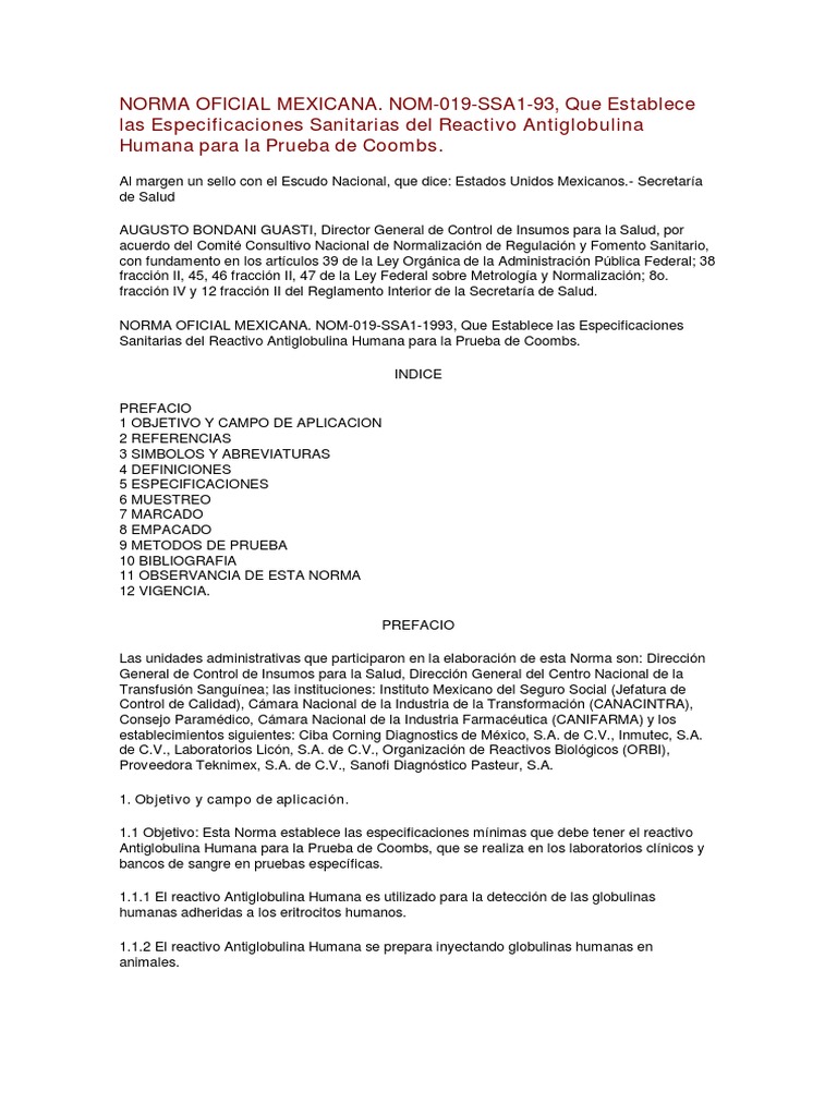 Norma Oficial Mexicana. Nom-019-Ssa1-93 | PDF | Anticuerpo | Solución ...