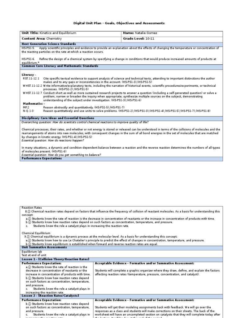 Kinetics and Equilibrium Unit Plan | PDF | Reaction Rate | Chemical ...
