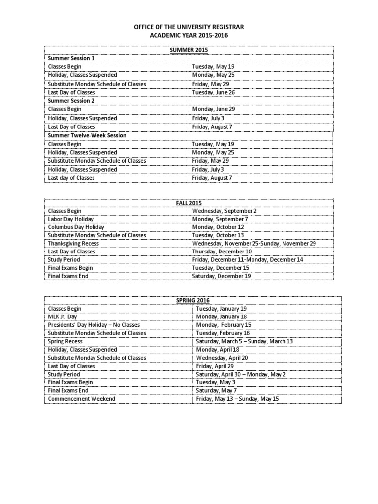2015-2016 Academic Calendar Overview | PDF