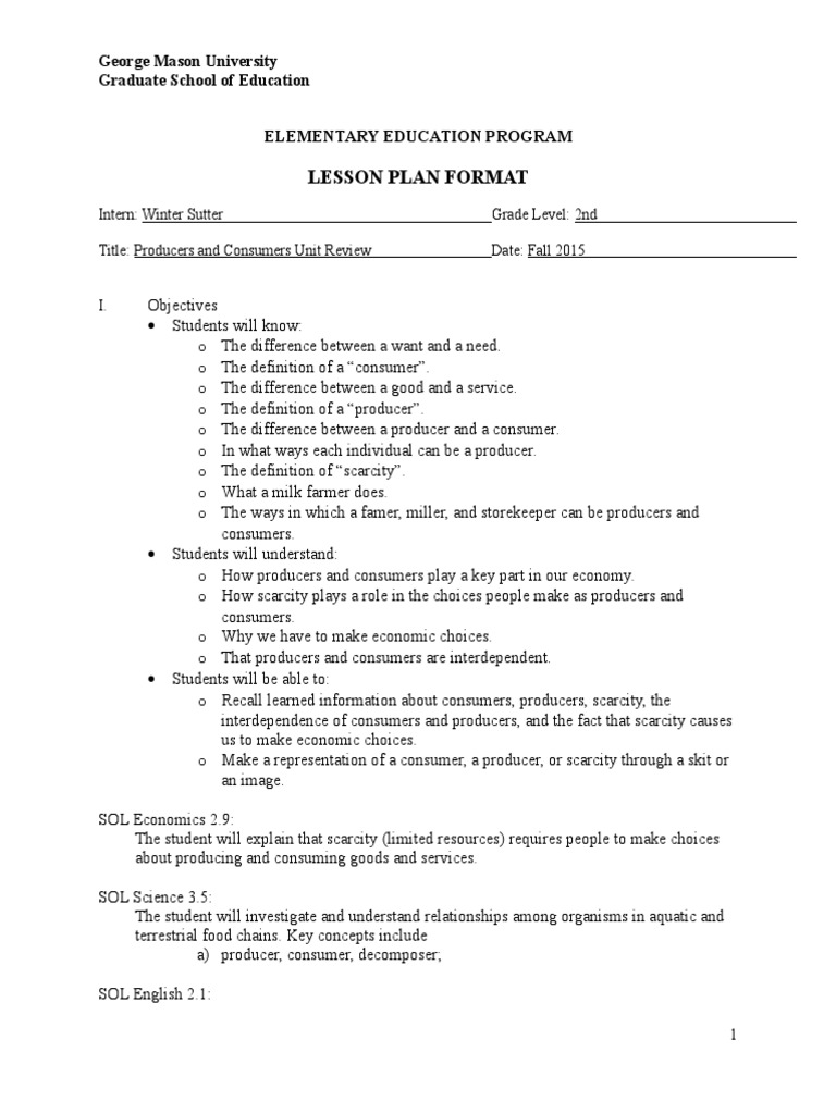 Producers and Consumers Lesson Plan | PDF | Educational Assessment ...