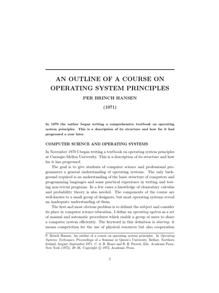 An Outline of A Course On Operating System Principles: Per Brinch Hansen (1971) | PDF ...