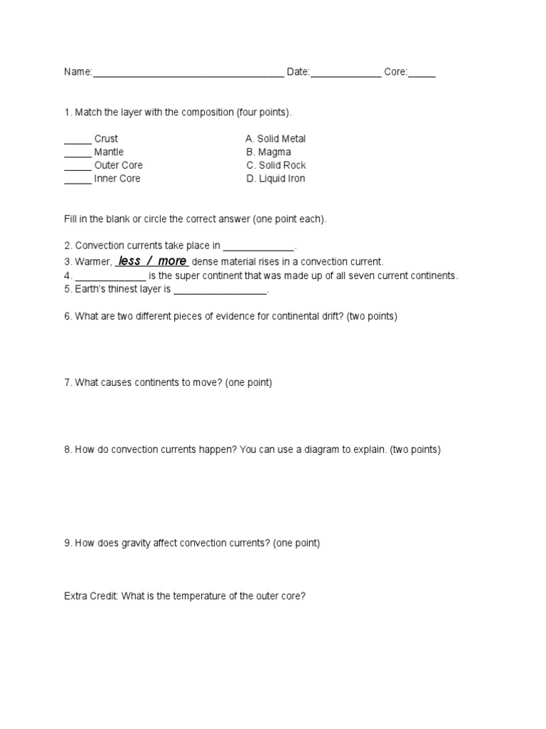 Earth Layers and Convection Currents Quiz | PDF
