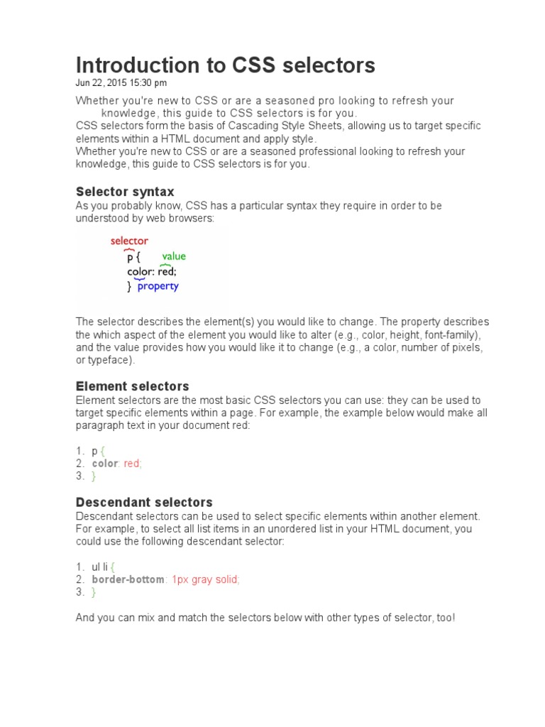 Introduction To CSS Selectors | PDF | Cascading Style Sheets | Html Element