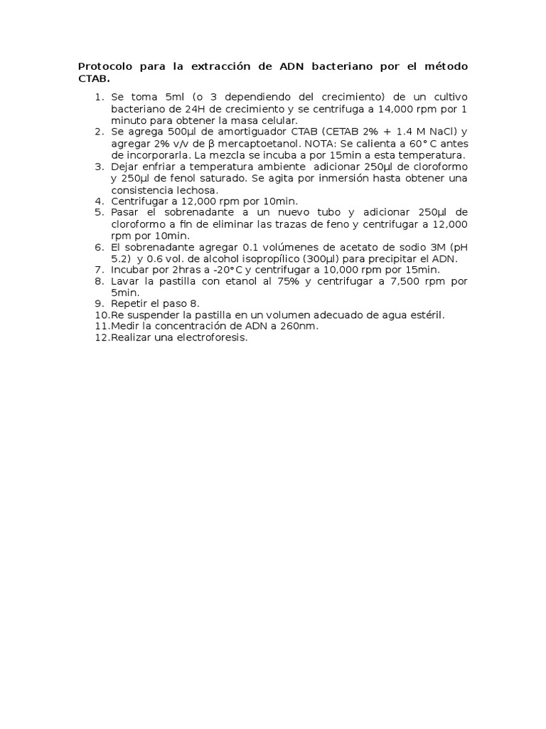 Protocolo para La Extracción de ADN Bacteriano Por El Método CTAB | PDF