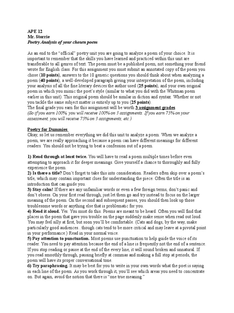 Central Islip Ape12 Poetry Unit Summative Assessment Instructions | PDF ...