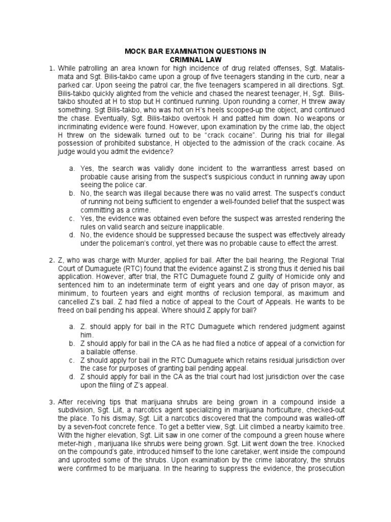 Mock Bar Examination Questions in Criminal Law | PDF | Search And ...