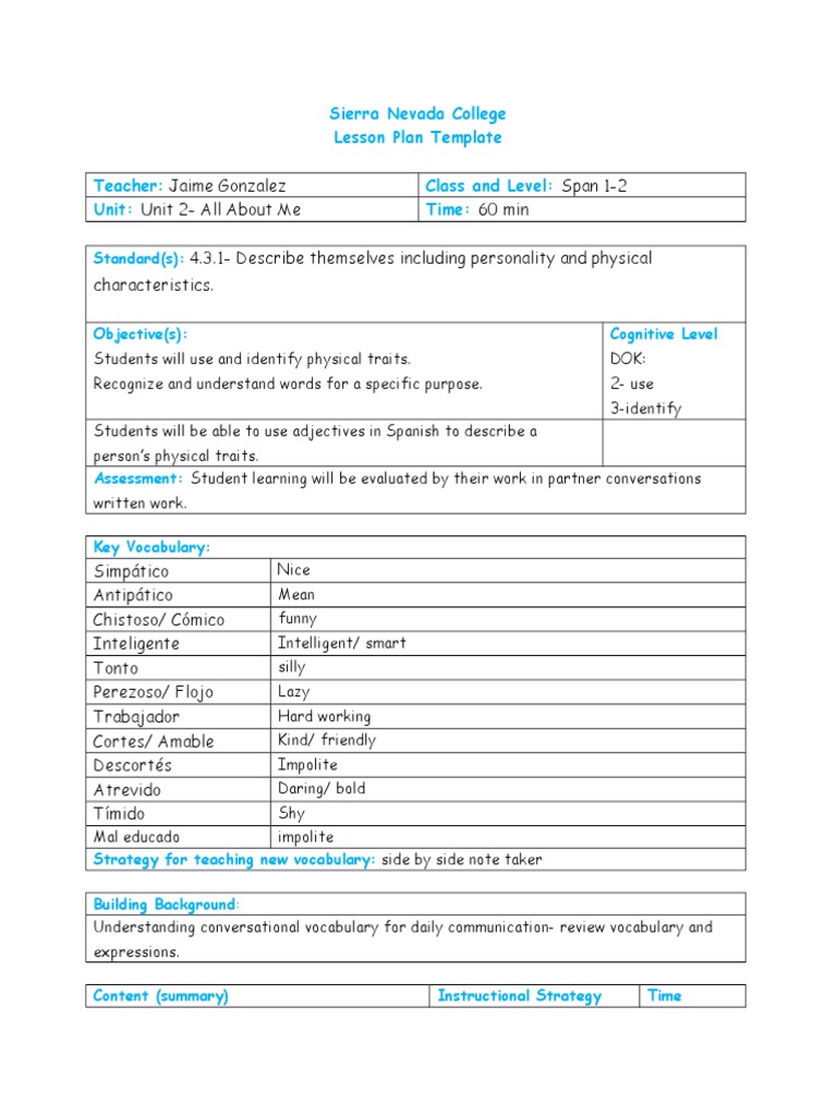 Spanish Personality and Physical Traits Lesson | PDF