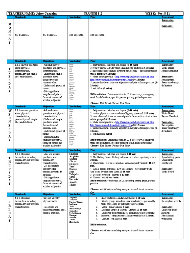 Spanish 1-2 Weekly Lesson Plan | PDF | Grammatical Gender | Educational ...
