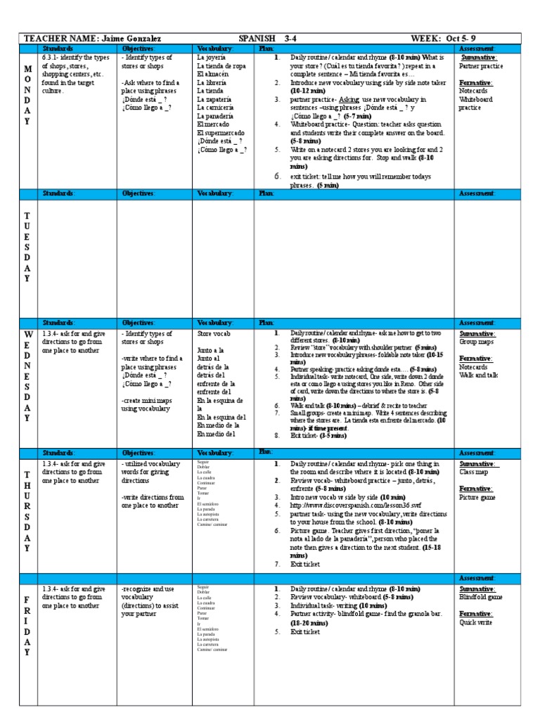 Weekly Lesson Plans Spanish 3-4 | PDF | Educational Assessment | Verb