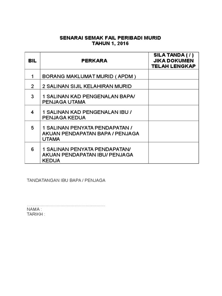 Senarai Semak Fail Peribadi Murid | PDF