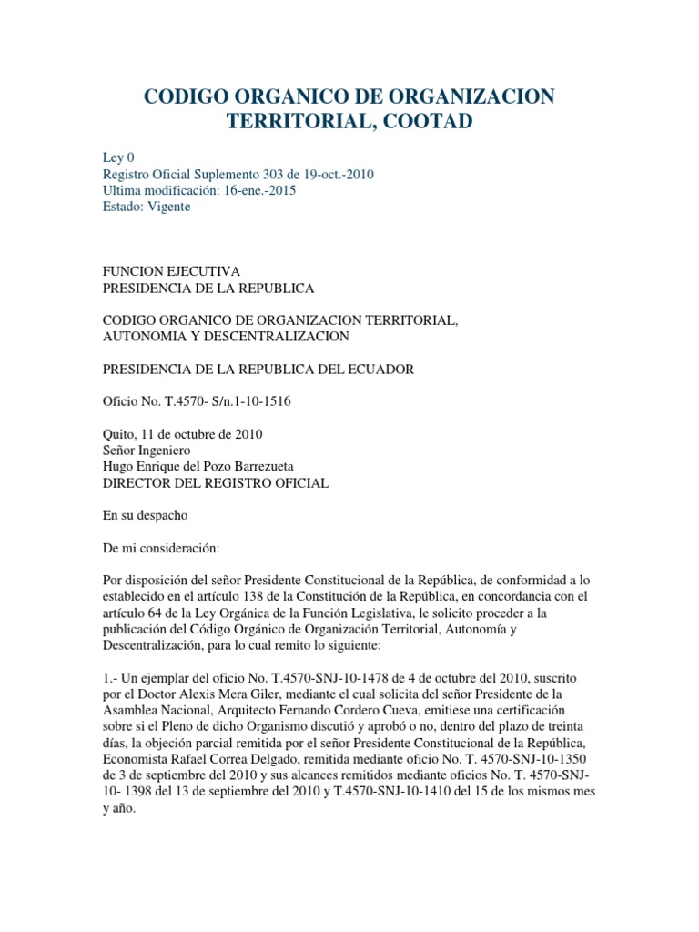 Descentr-Codigo Organico de Organizacion Territorial Cootad | PDF