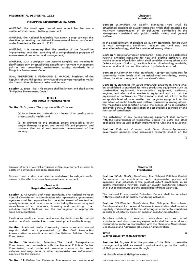 PD 1152, Philippine Environmental Code | PDF | Air Pollution | Waste ...