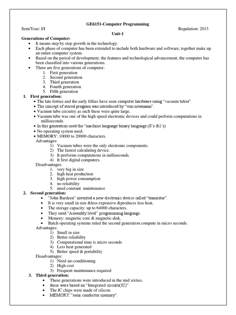 GE6151-Computer Programming Unit-1 Generations of Computer | PDF | Read ...