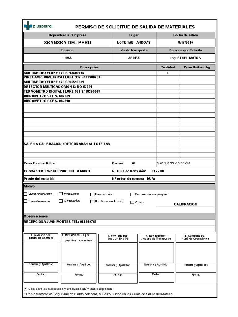 Formato de Salida de Materiales de Plus | Industrias | Logística