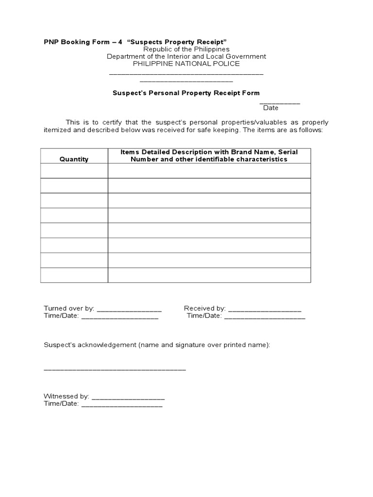 PNP Suspect Property Receipt Form | PDF | Law