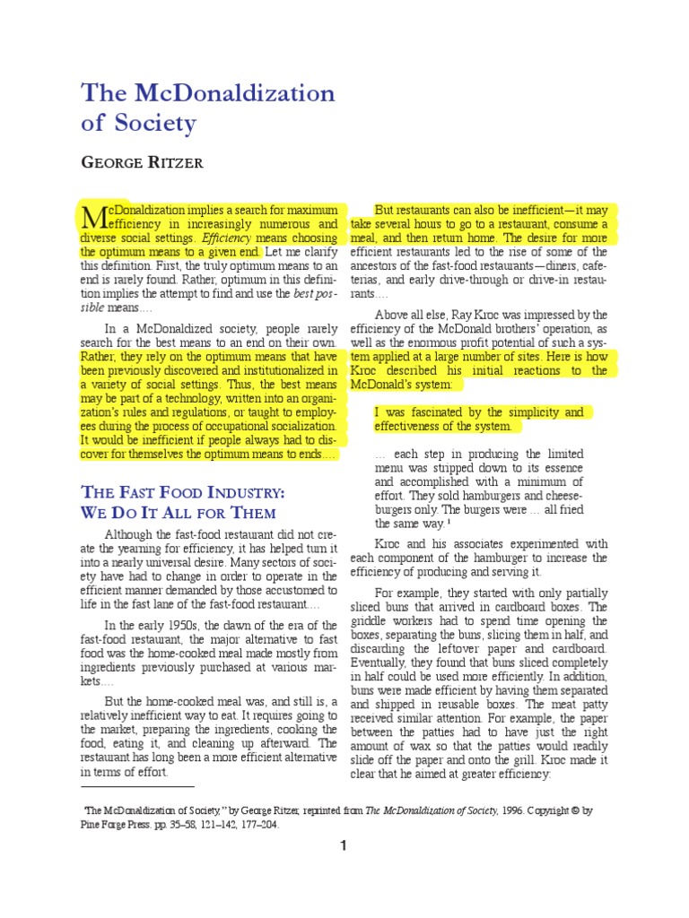 The McDonaldization of Society PDF | PDF | Fast Food | Fast Food ...