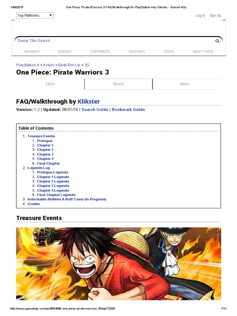 One Piece - Pirate Warriors 3 FAQ - Walkthrough For PlayStation 4 by ...
