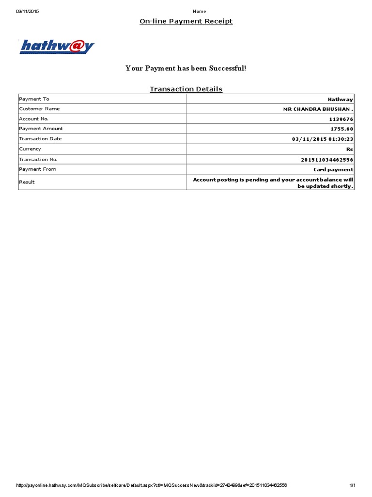 Successful Hathway Payment Receipt | PDF | Finance & Money Management