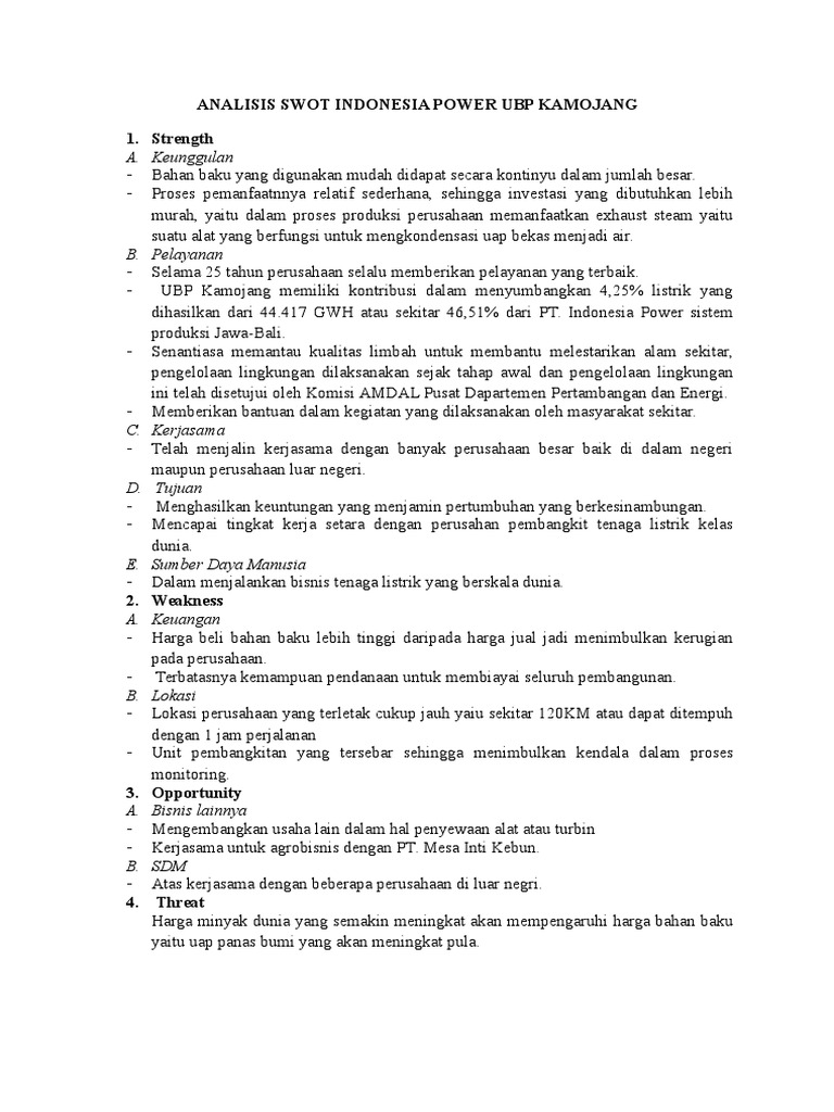 Analisis Swot Indonesia Power Ubp Kamojang | PDF