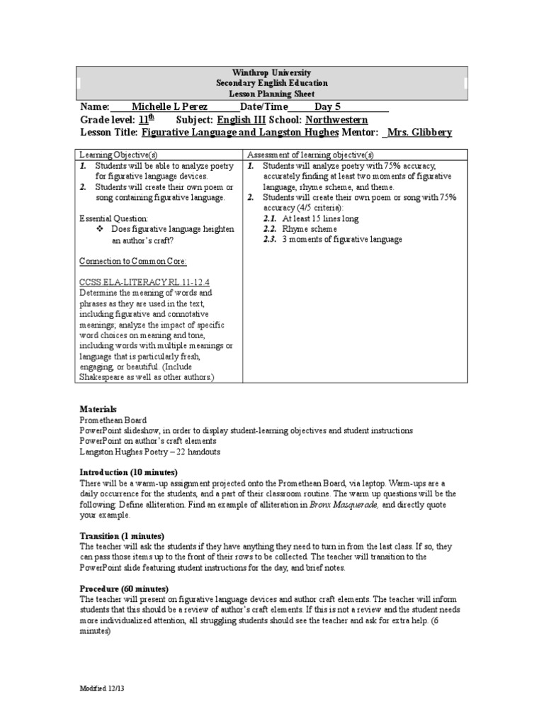 Day 5 Unit Plan - Figurative Language and Langston Hughes | PDF ...