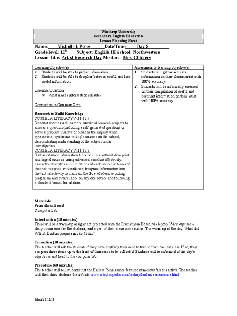 Artist Research Day Lesson Plan | PDF | Lesson Plan | Educational ...