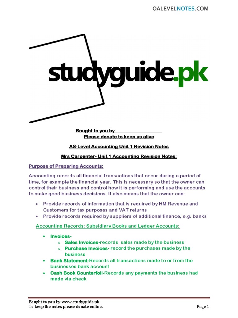 As Level Accounting Unit 1 Revision Notes Summary Pdf Debits And