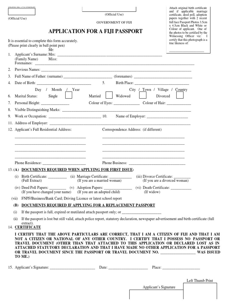 Fiji Passport Form | PDF | Passport | Birth Certificate