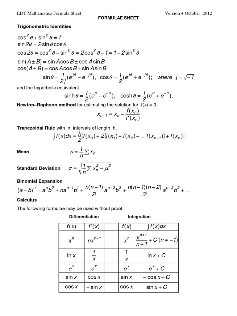 EDT Mathematics Formula Sheetv4 | Sine | Theoretical Physics